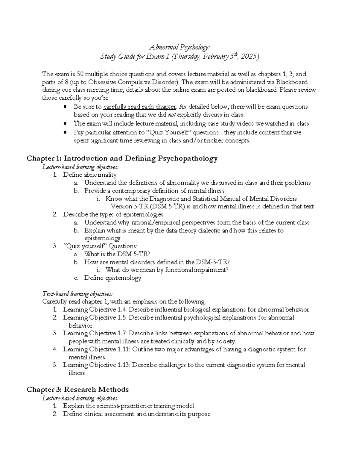 Abnormal Psychology Study Guide for Exam I - Studocu