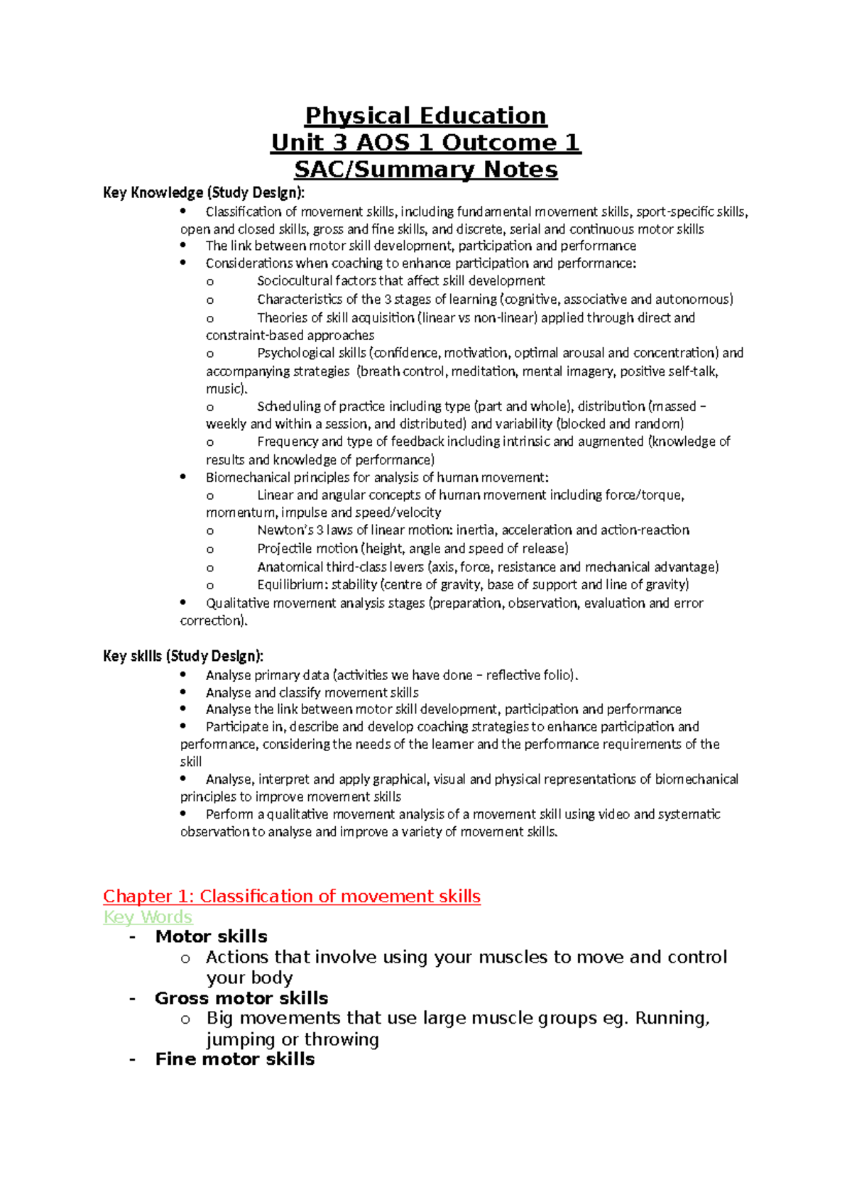 Physical Education - Unit 3 AOS 1 Outcome 1 - SAC Summary Notes - Studocu