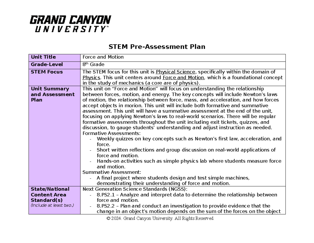 SEC-517 Week 3 Assignment - STEM Pre-Assessment Plan Unit Title Force ...