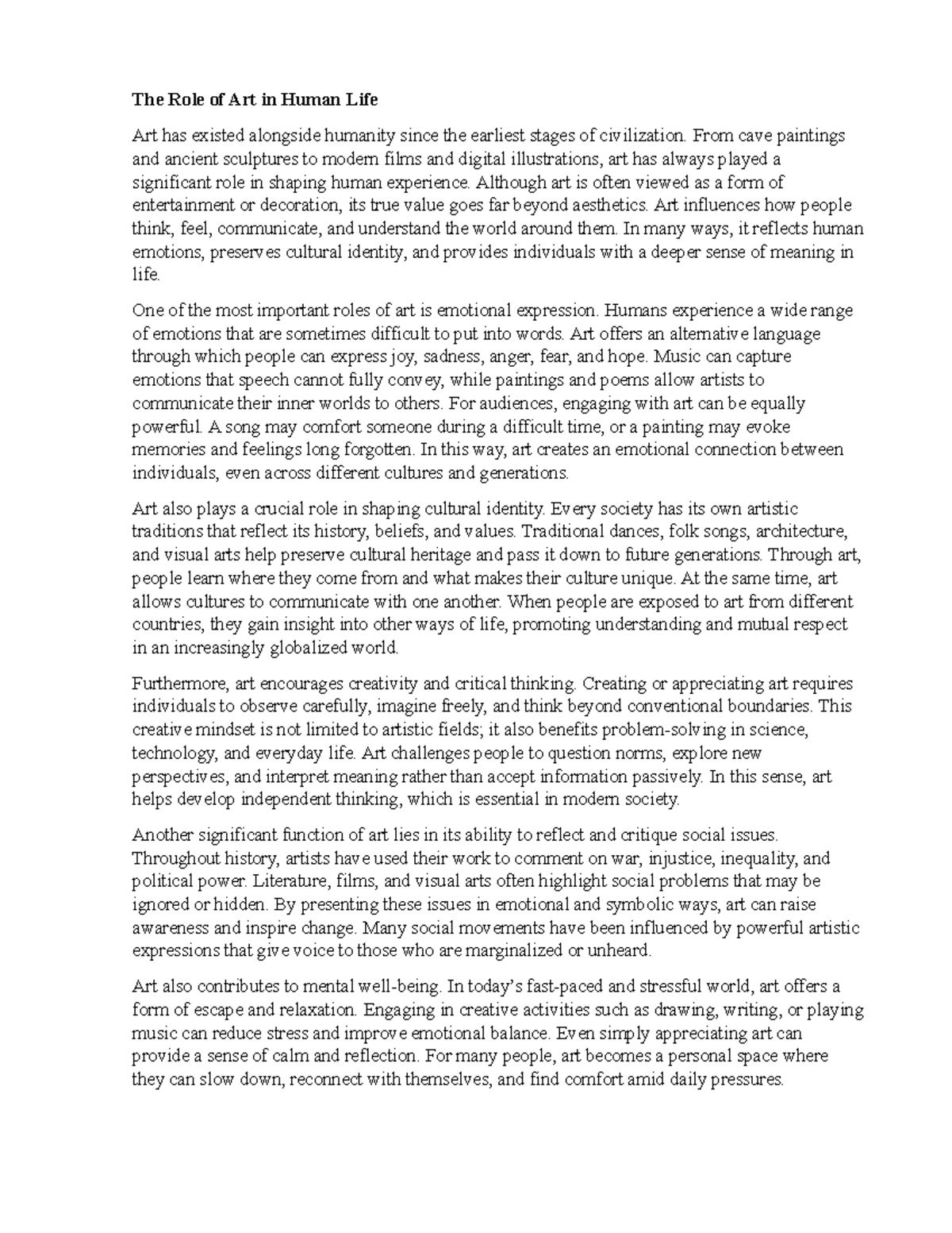 The Impact of Art on Human Experience and Culture - Studocu