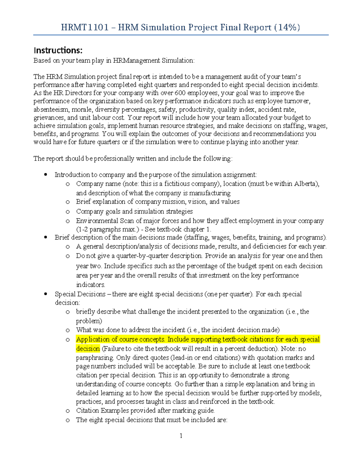 HRMT1101 HRM Simulation Project: Final Report & Performance Review ...