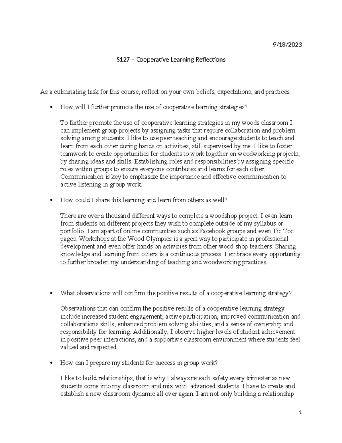 S127 – Reflections on Promoting Cooperative Learning Strategies - Studocu