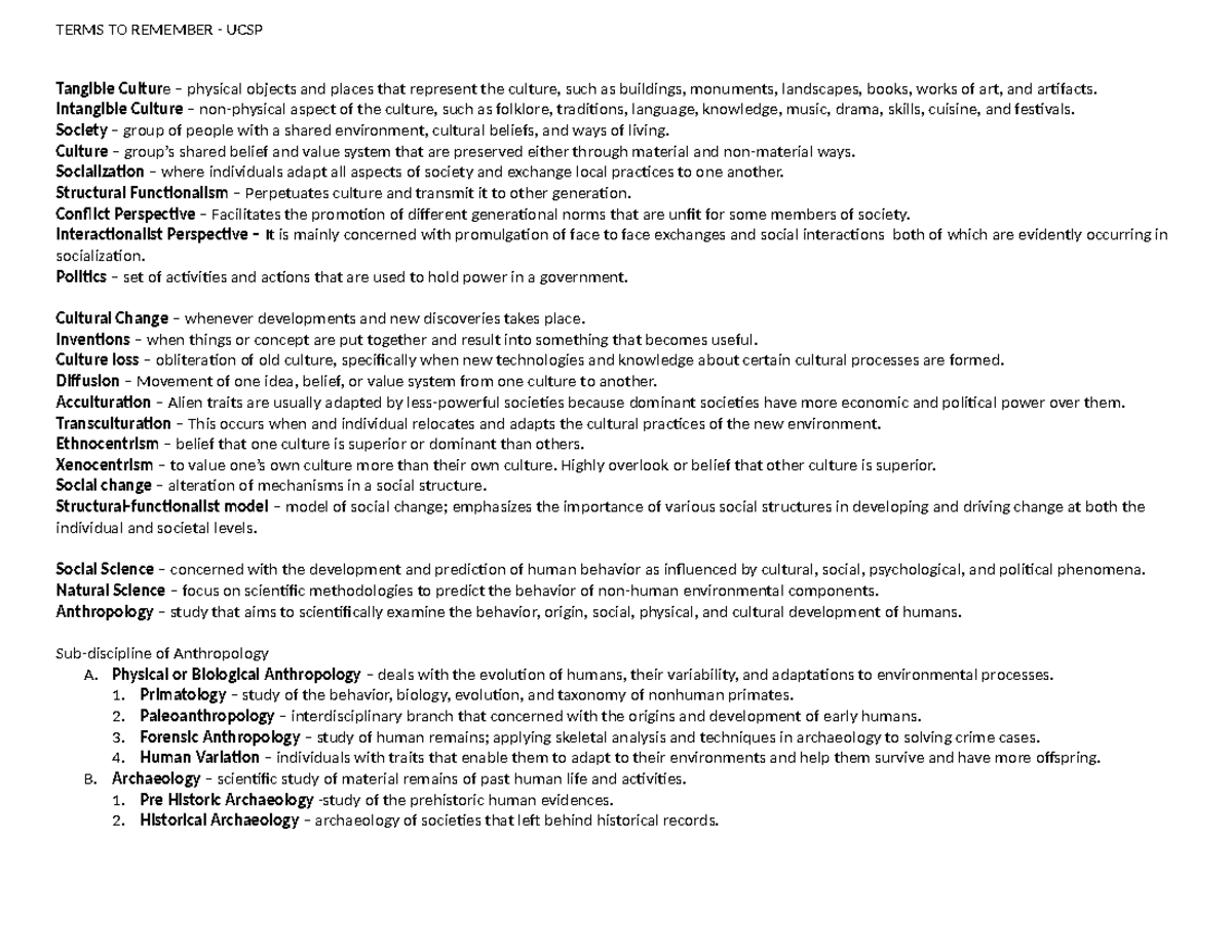 UCSP Terms: Key Concepts in Culture and Society - Studocu