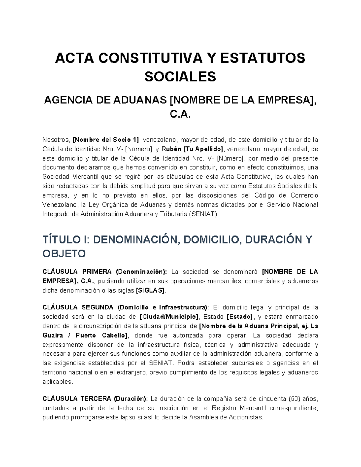 Acta Constitutiva y Estatutos Sociales - Agencia de Aduanas C.A. - Studocu