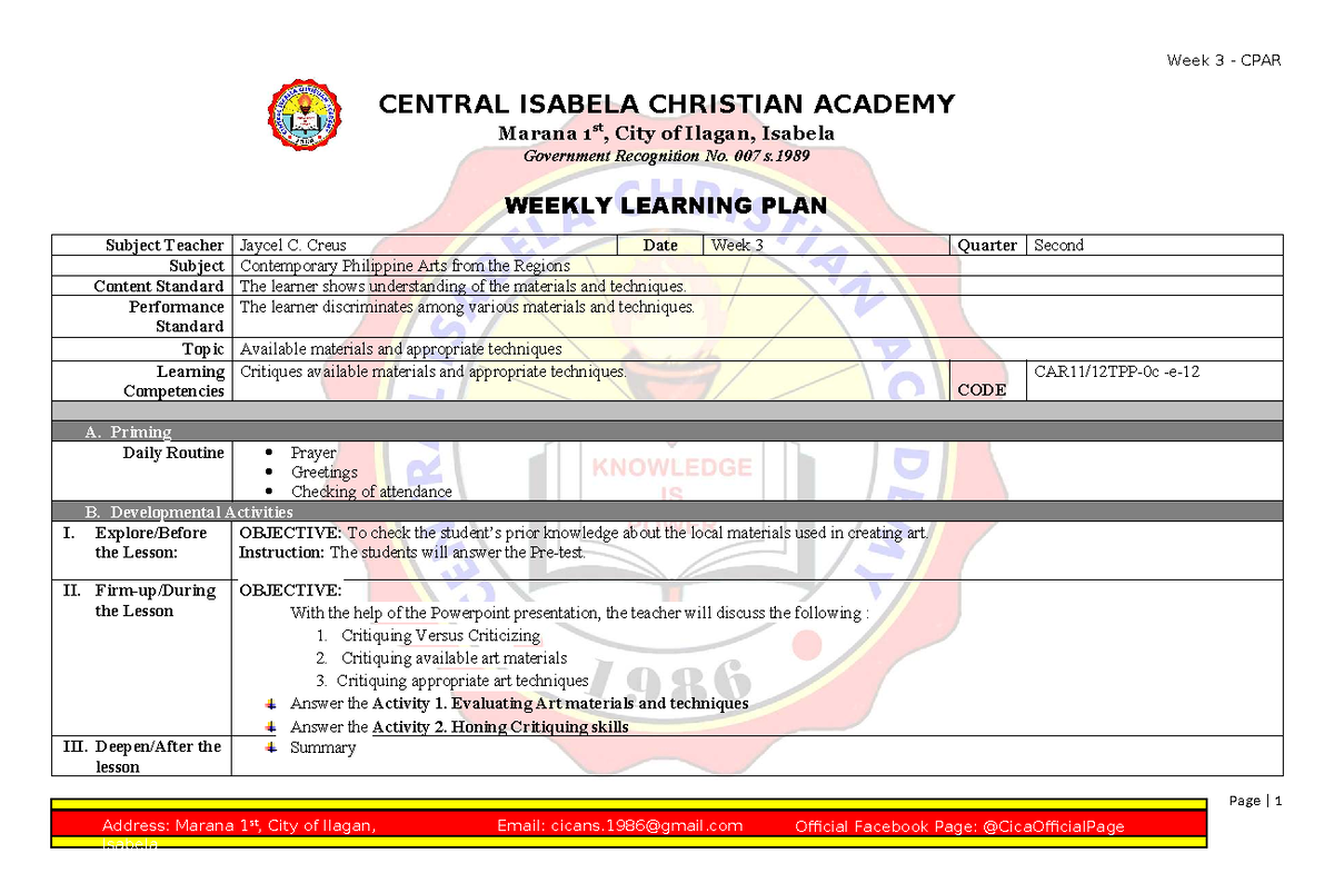 Q2 Week 3 Learning Plan: Contemporary Philippine Arts (CPAR) - Studocu