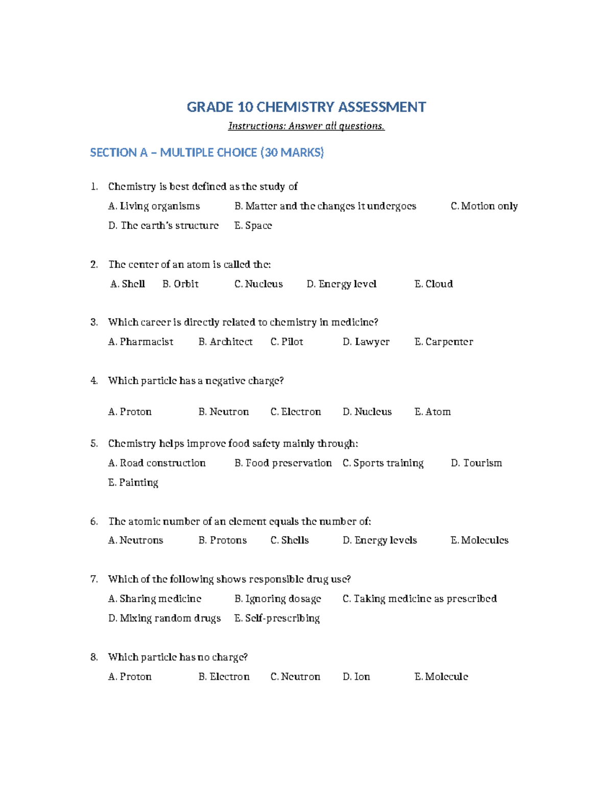 GRADE 10 CHEMISTRY ASSESSMENT: MULTIPLE CHOICE & SHORT ANSWER - Studocu