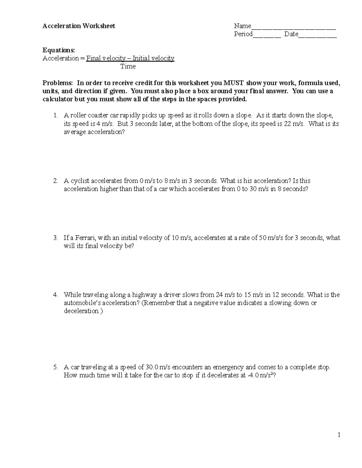 Acceleration Worksheet: Final Velocity & Initial Velocity Problems - Studocu