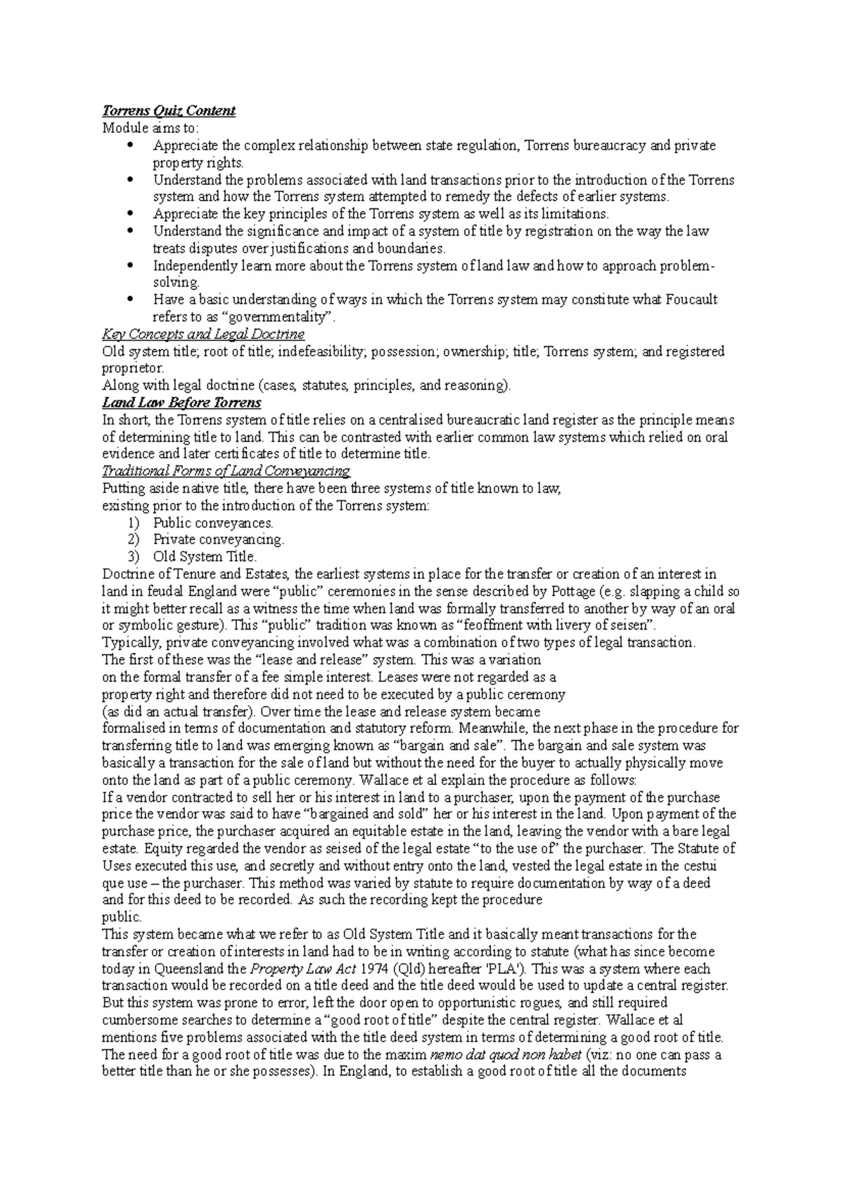 Torrens Law Quiz Content: Understanding Land Title Systems - Studocu