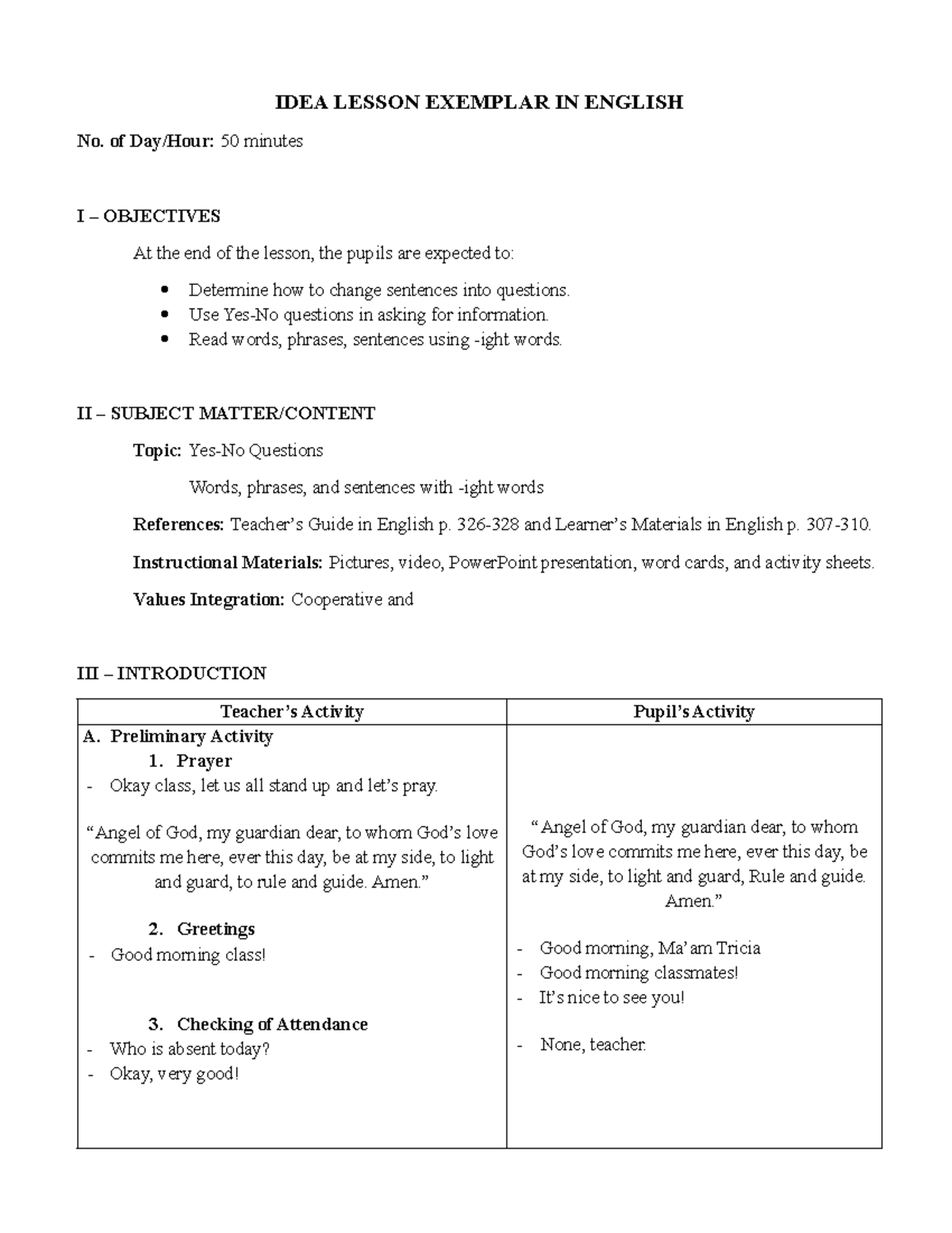 LP in English: Lesson Plan on Forming Questions (50 mins) - Studocu