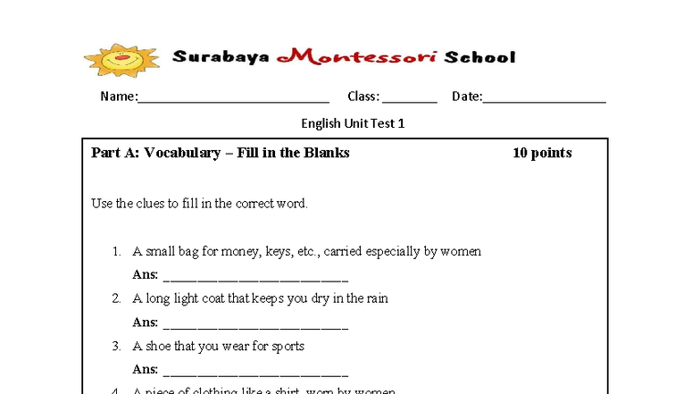 G5 Unit Test 1 - English - Part A: Vocabulary – Fill in the Blanks 10 ...