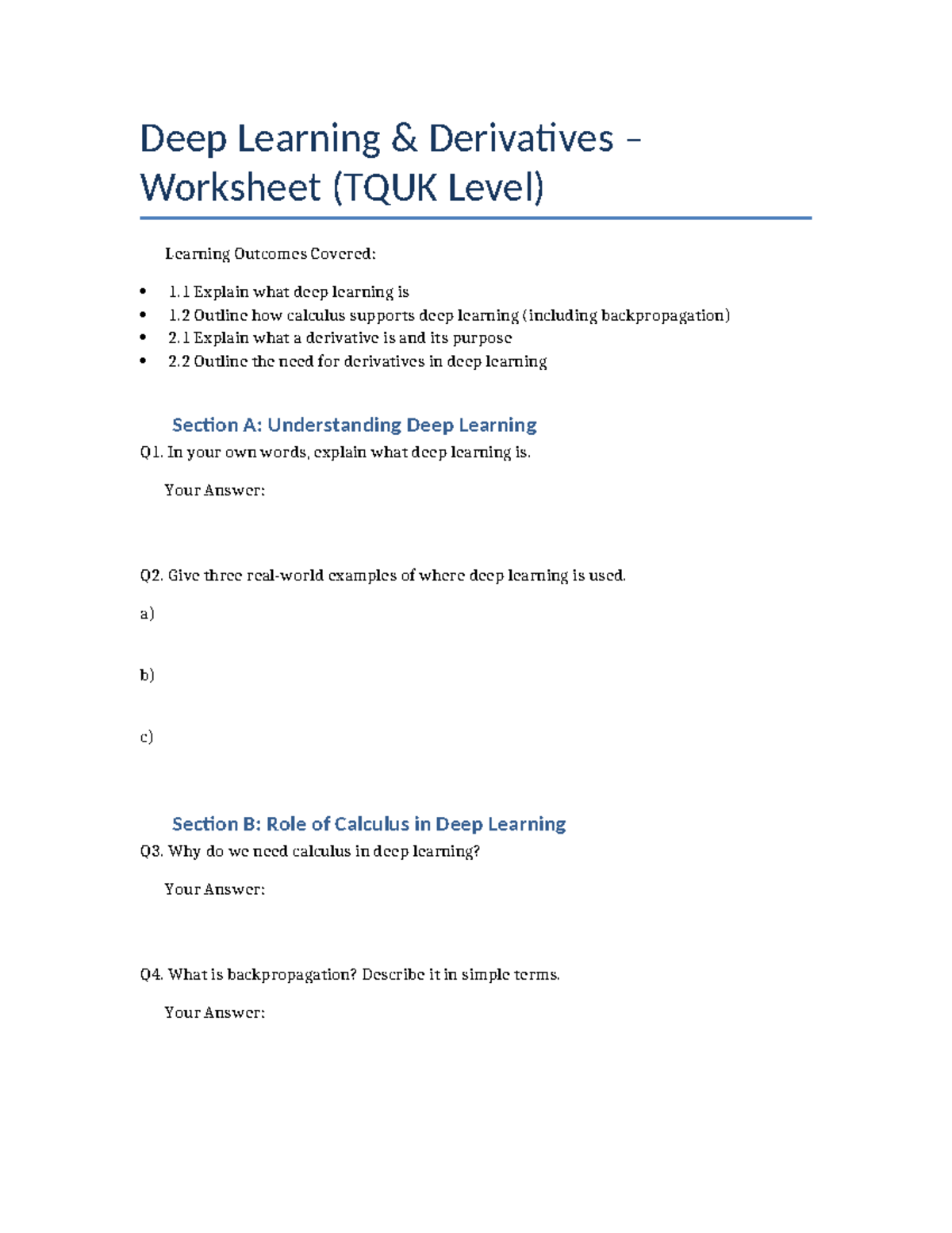 Deep Learning Derivatives Worksheet (TQUK Level) - Key Concepts & Applications - Studocu