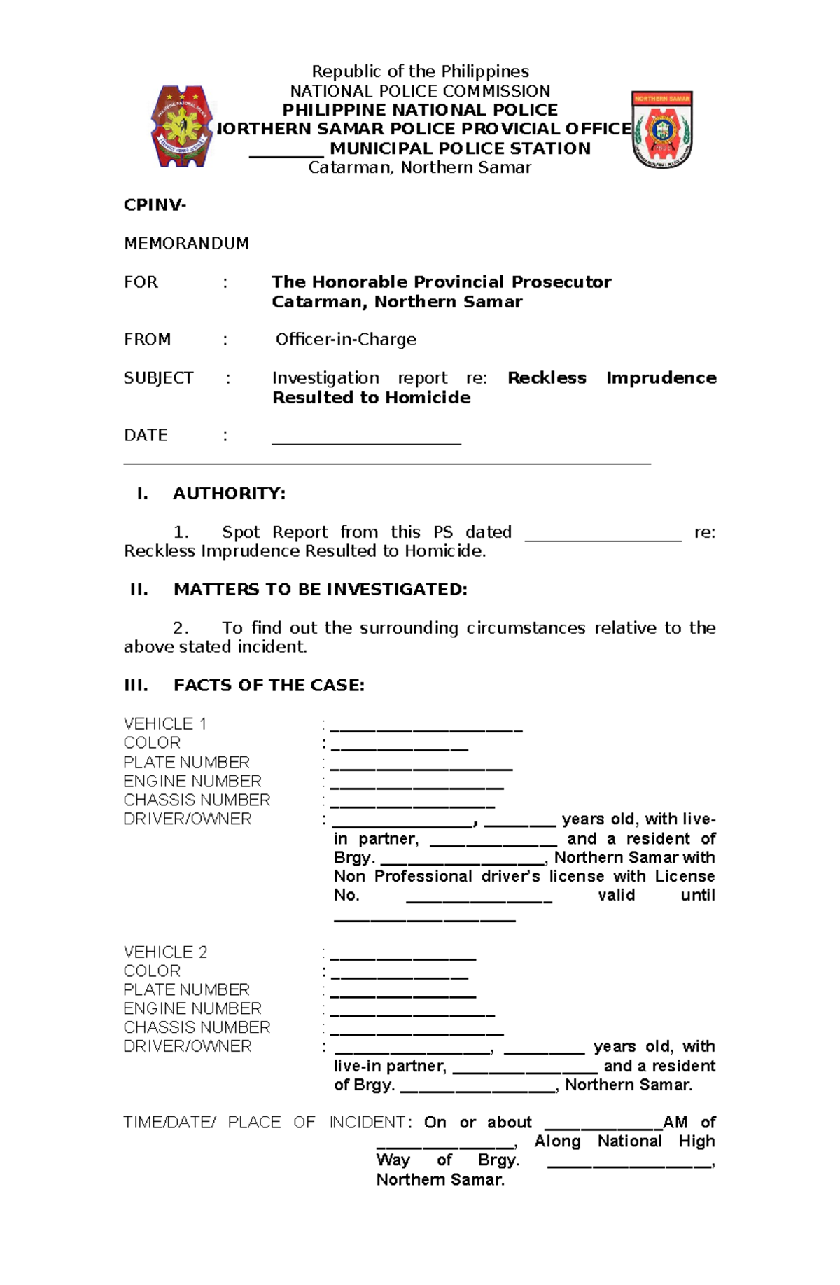Investigation report on homicide due to reckless imprudence in Catarman ...