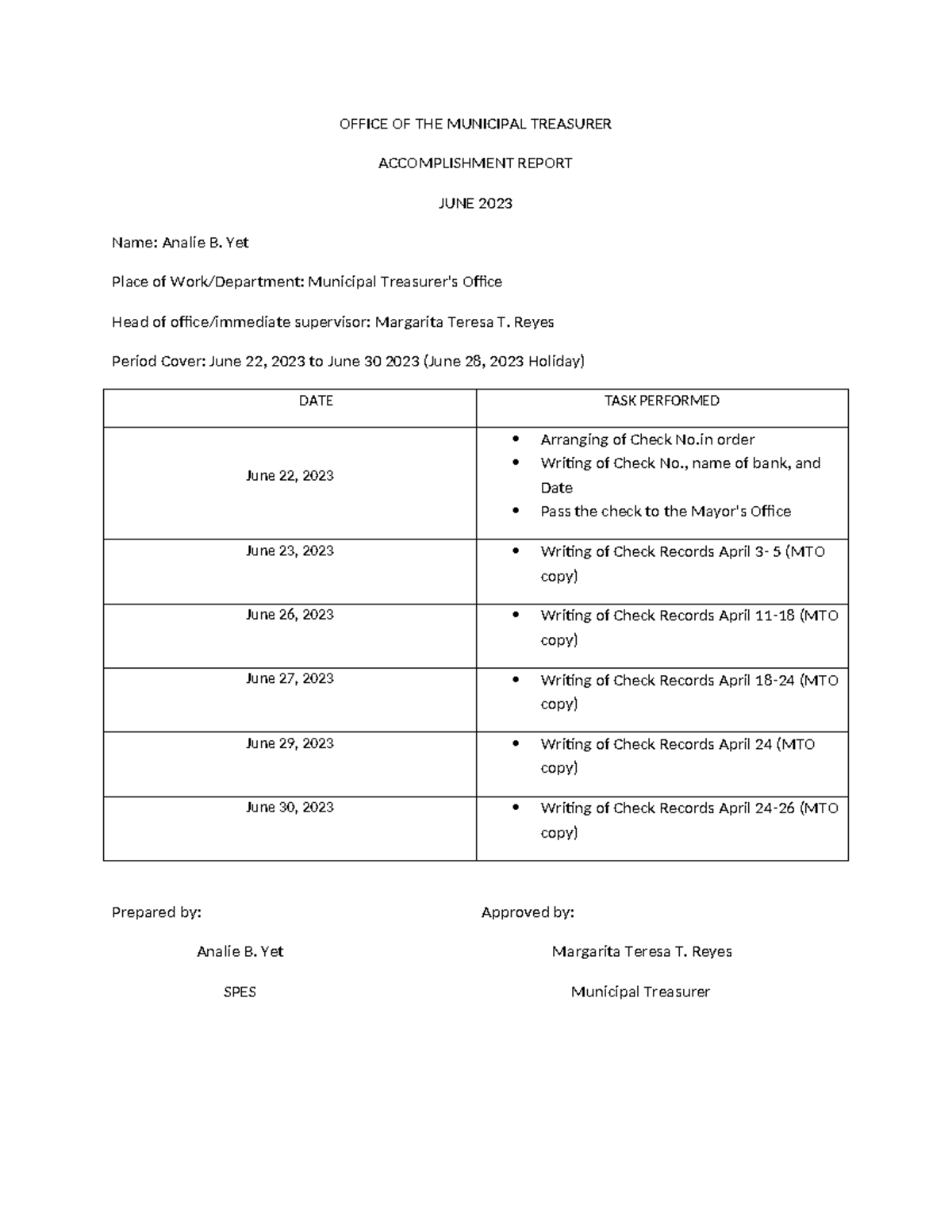 Accomplishment Report (MTO) - June 2023 by Analie B. Yet - Studocu