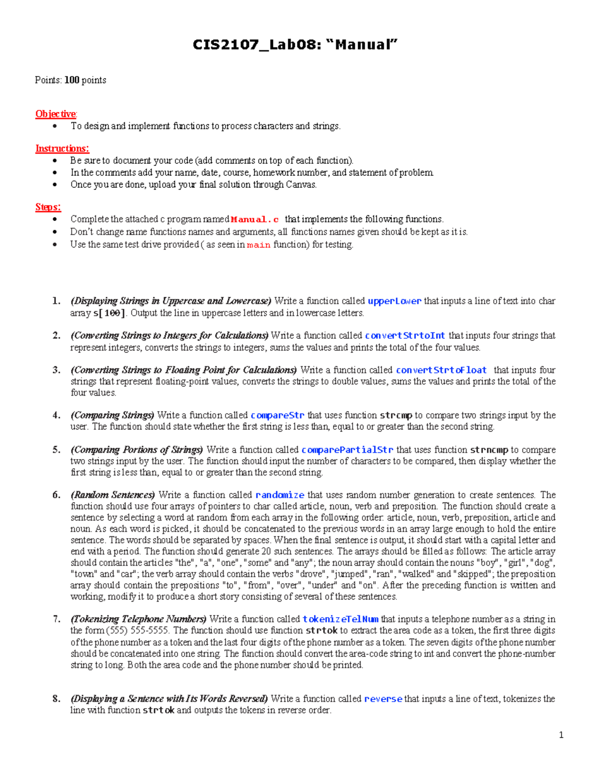 CIS2107 Lab08 Manual - Lab 8 - 1 CIS2107_Lab08: “Manual” Points: 100 points Objective: - To ...