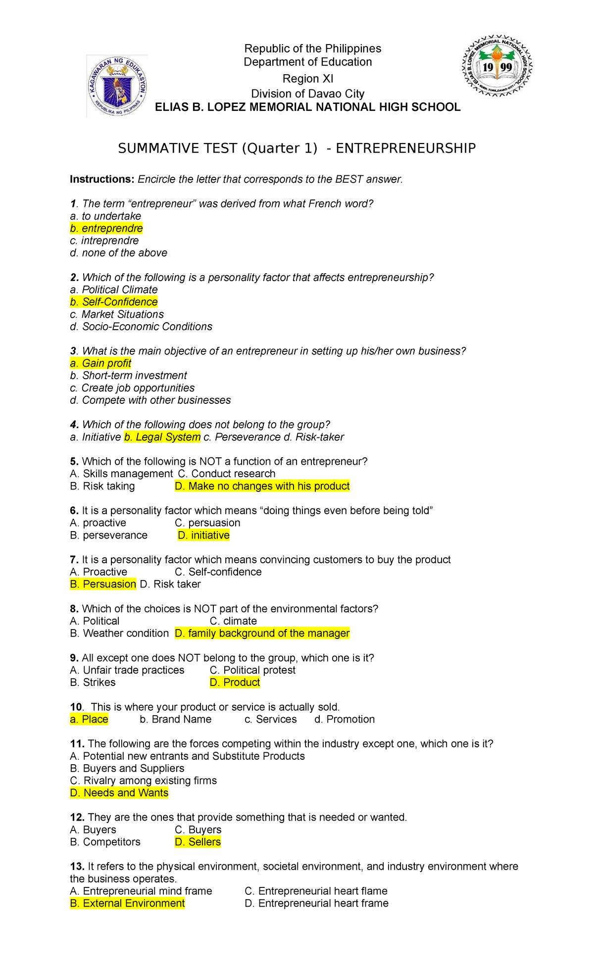 Entrepreneurship Summative Test (Quarter 1) - Answers Included - Studocu
