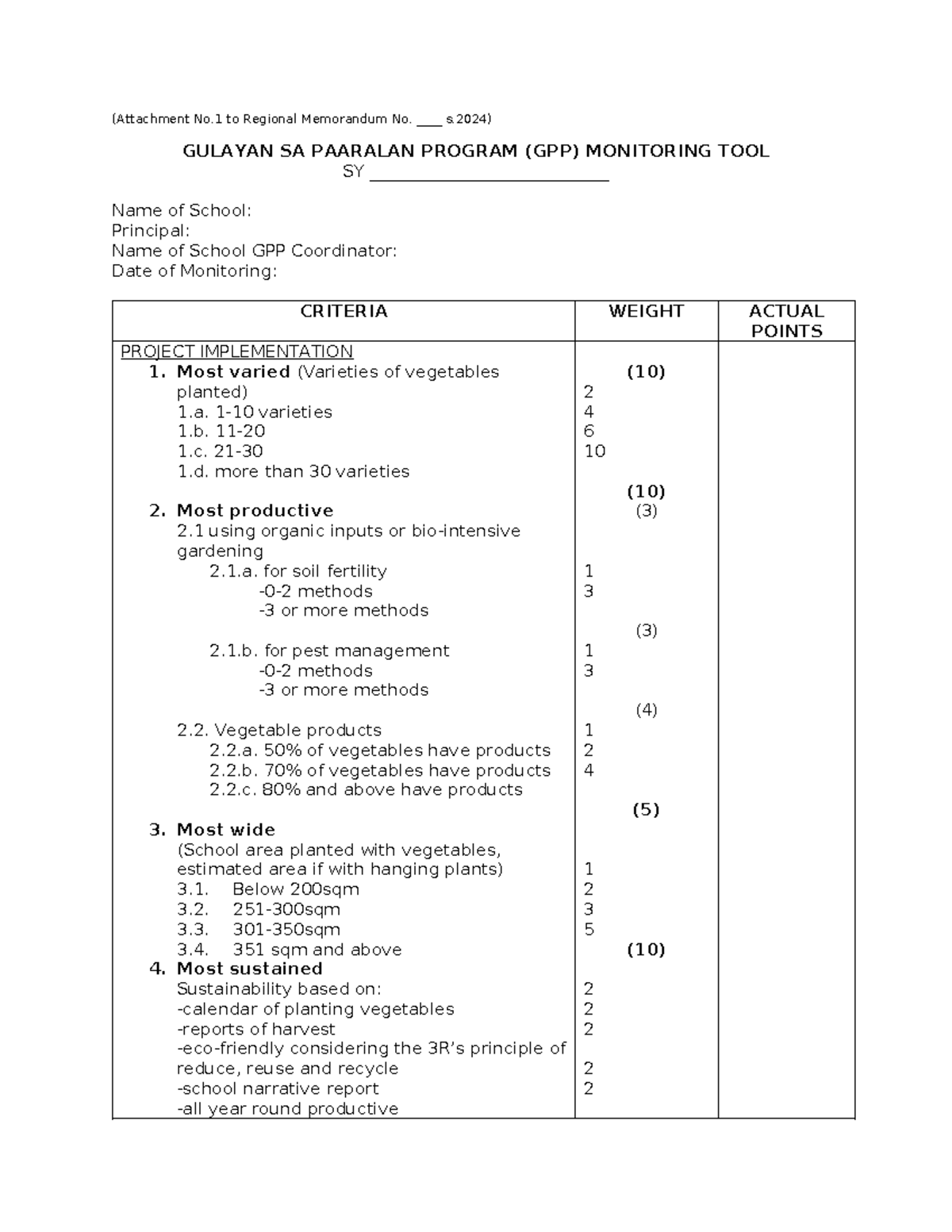 GPP Monitoring Tool 2024: Gulayan sa Paaralan Program Evaluation - Studocu