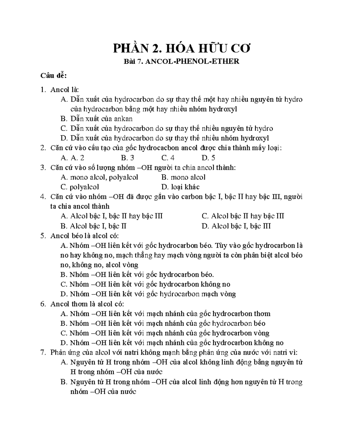 BT gui Sv K12 - HÓA HỮU CƠ - PHẦN 2. HÓA HỮU CƠ Bài 7. ANCOL-PHENOL ...