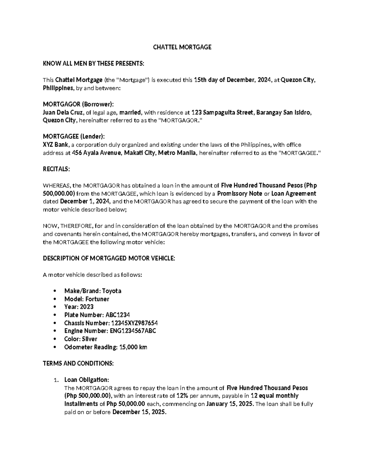 Chattel Mortgage Agreement Example - December 2024 - Studocu