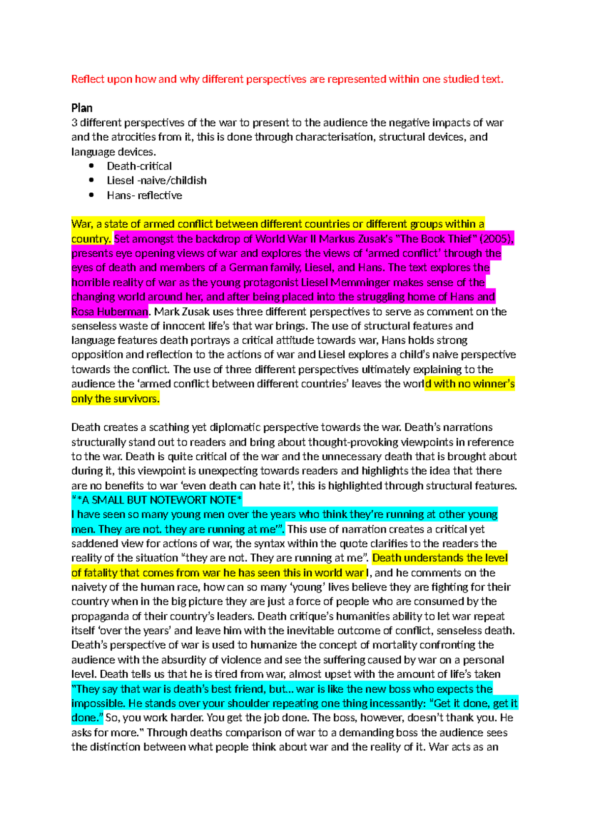 The Book Thief Essay: Perspectives on War in Markus Zusak's Novel - Studocu