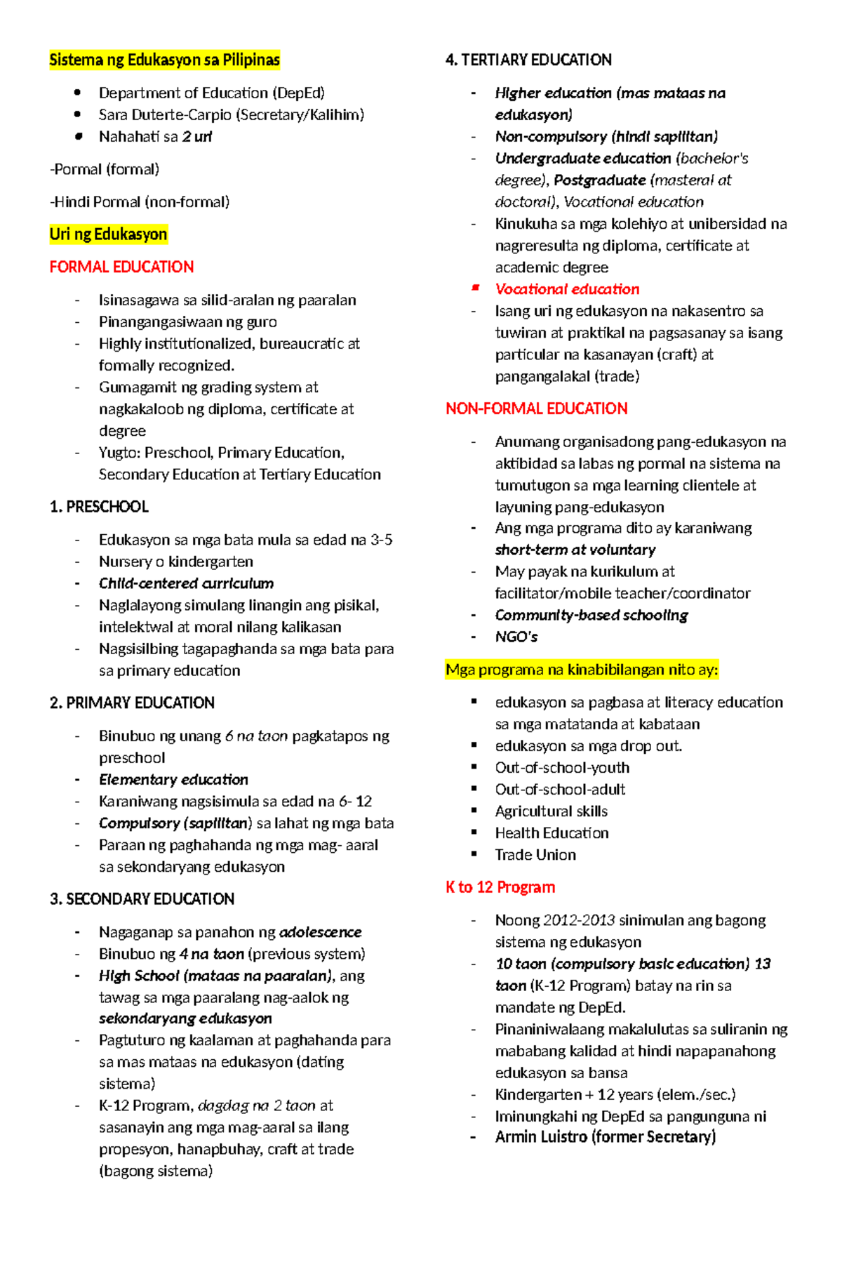 AP QUIZ Reviewer copy - Sistema ng Edukasyon sa Pilipinas Department of Education (DepEd) Sara ...