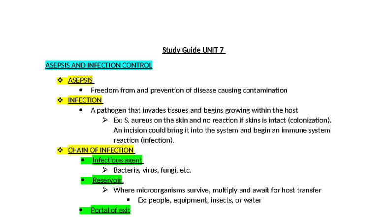 Infection Control Study Guide UNIT 7: ASEPSIS & PATHOGENS - Studocu