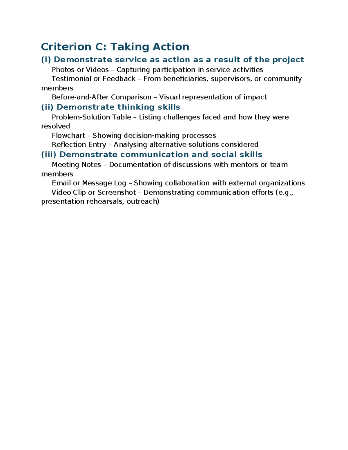 Criterion C - evidence checklist - Criterion C: Taking Action (i ...