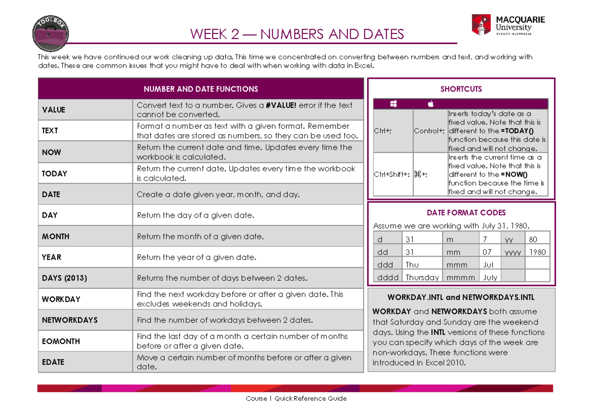 C1 W2 Quick Reference: Excel Numbers & Dates Functions - Studocu