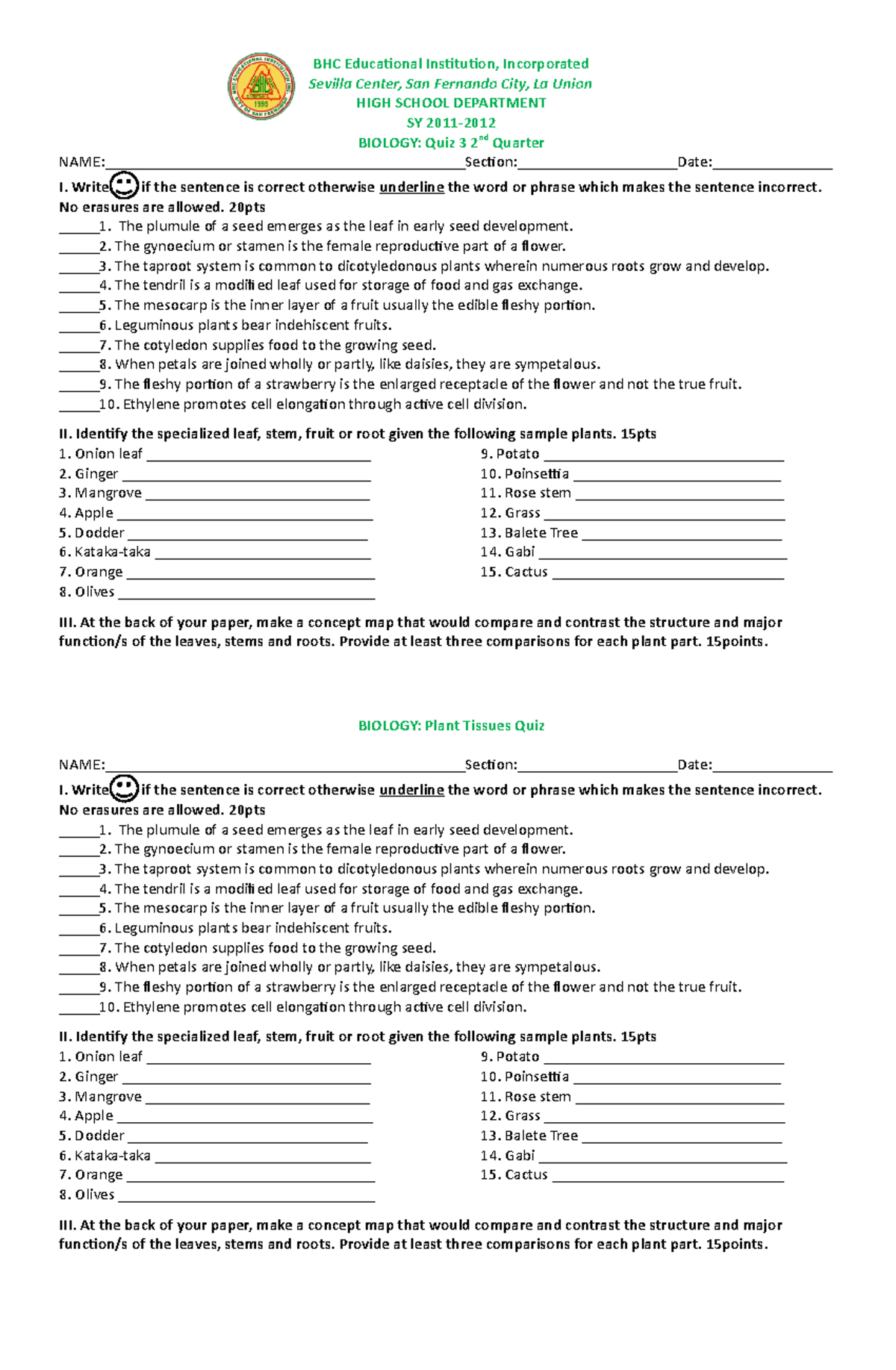 Plant Tissues - Practice worksheets and study materials - BHC ...