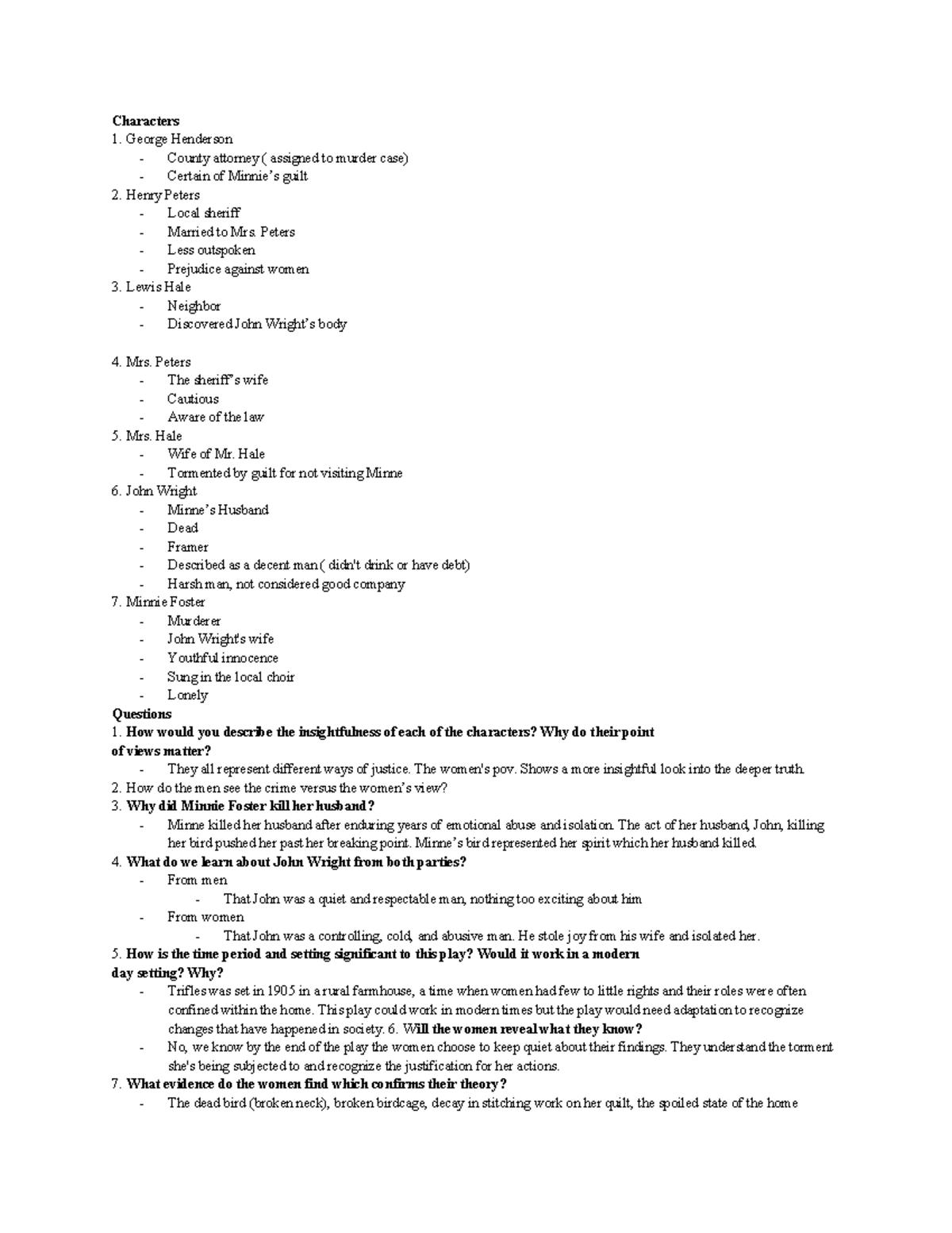 Trifles Study Guide: Character Insights and Themes Analysis - Studocu