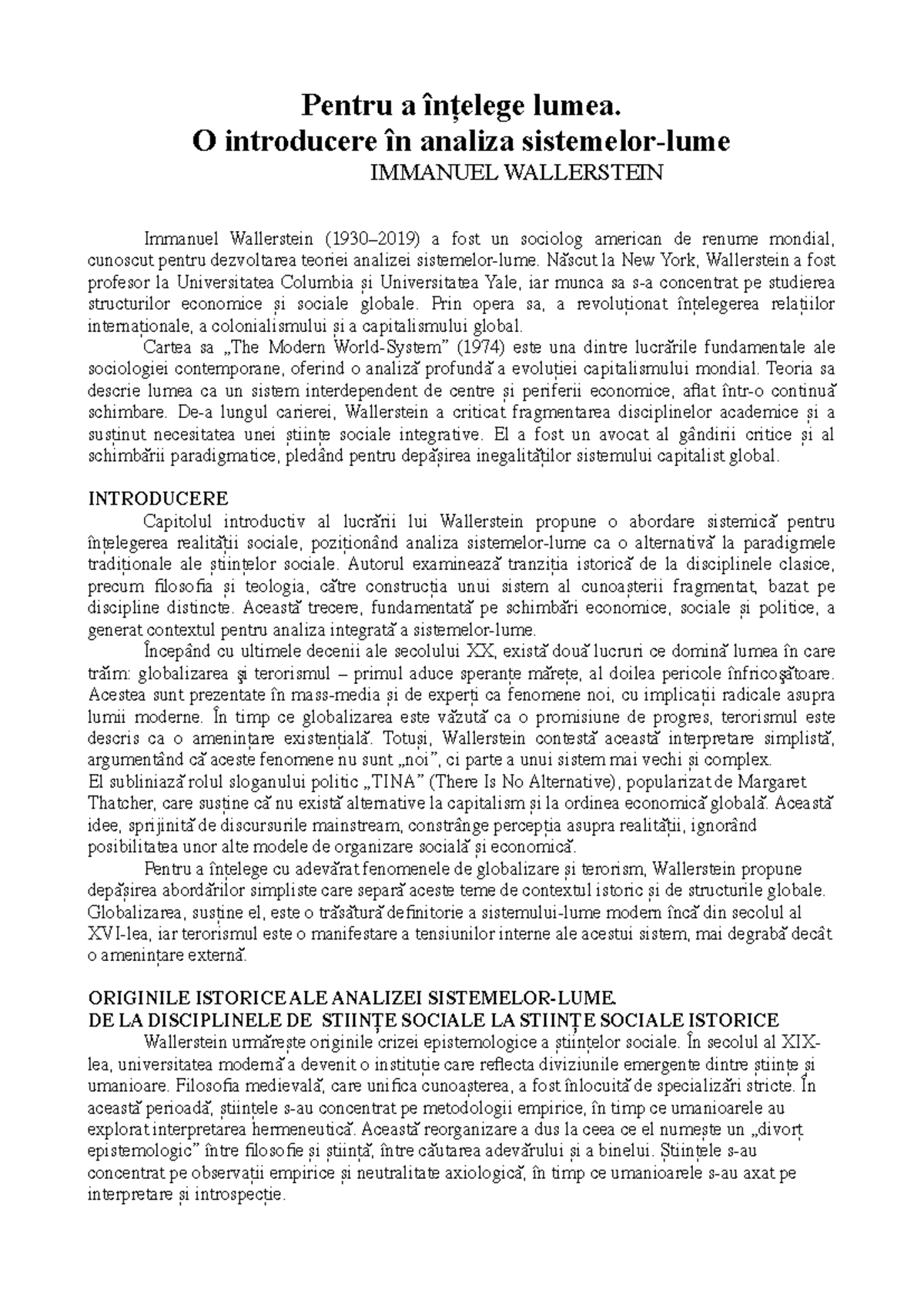 Analiza sistemelor globale: O introducere în teoria lui Wallerstein ...