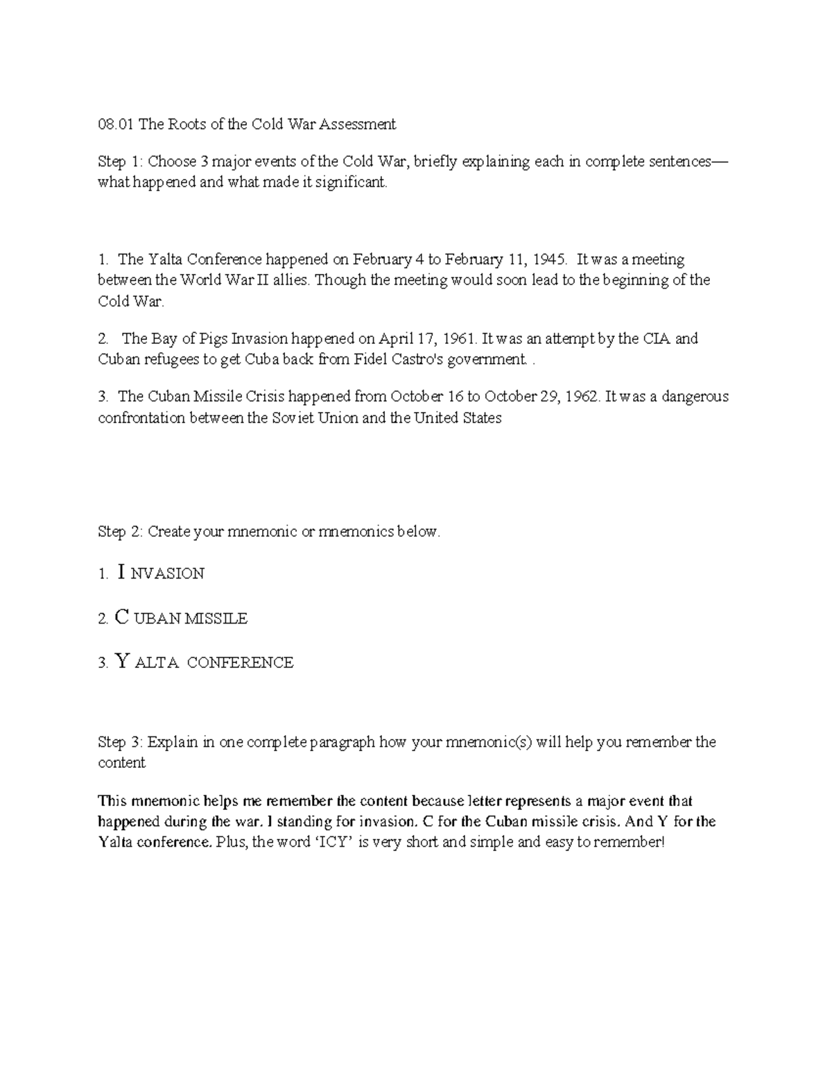 08.01 Cold War Roots: Major Events & Mnemonics for Assessment - Studocu