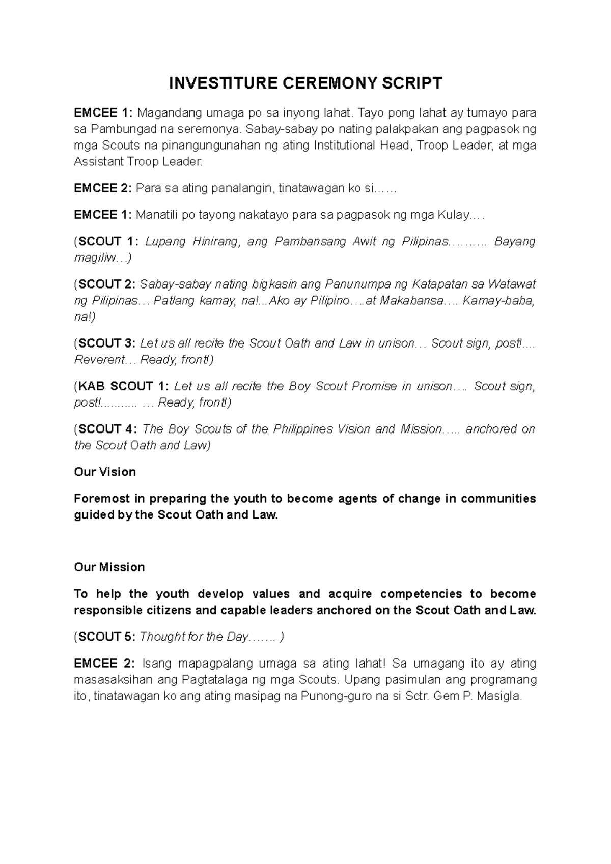 Investiture Ceremony Script 2019 - Southern Scouts' Troop - Studocu