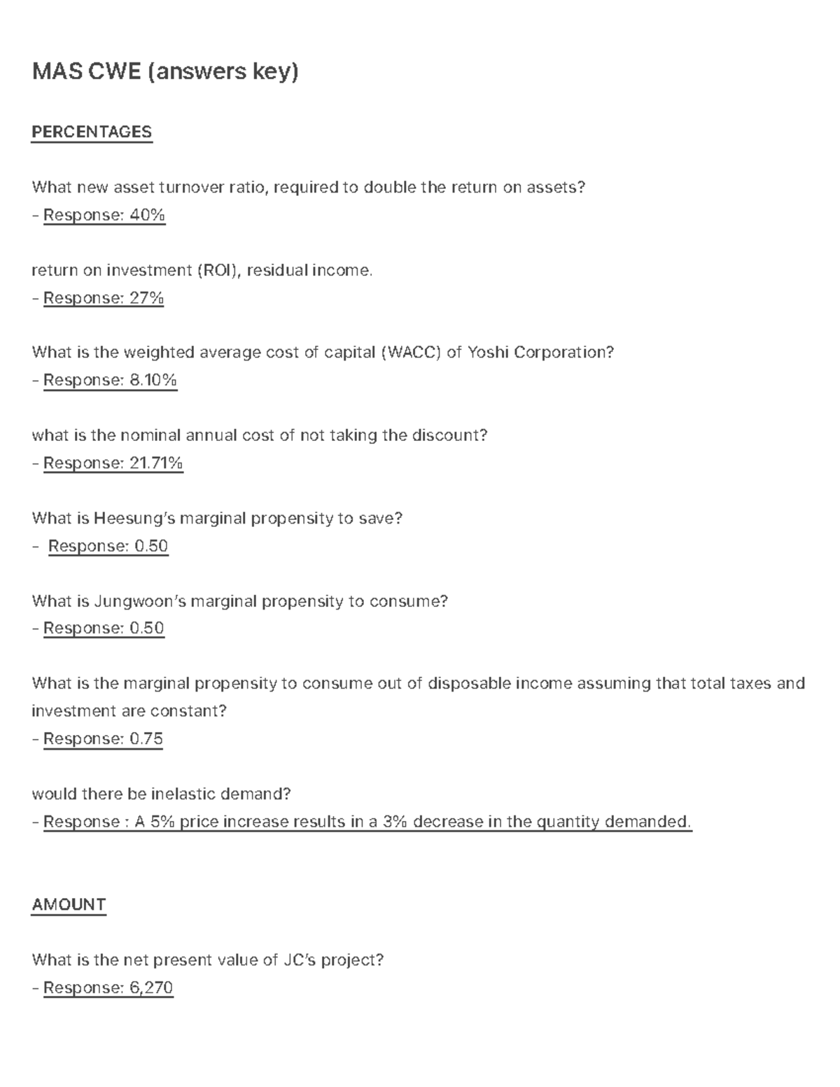 MAS CWE Answers Key: Financial Ratios and Analysis Summary - Studocu