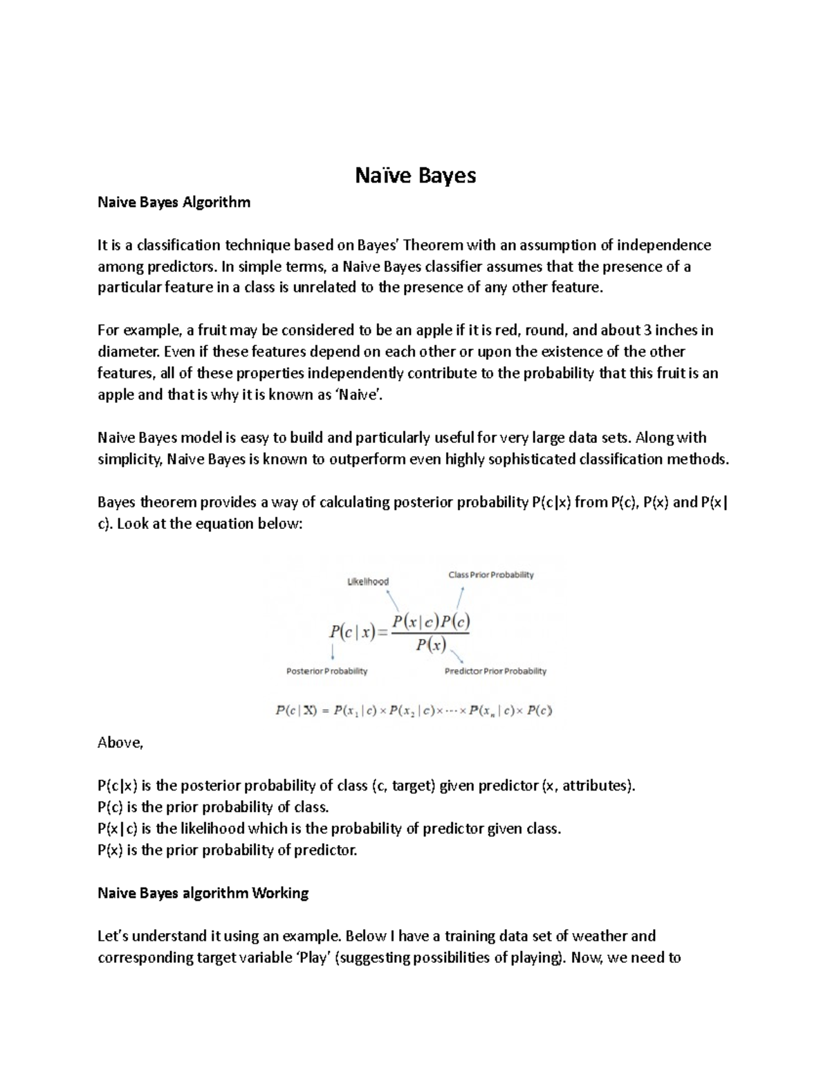 Naive Bayes Algorithm - Code & Explanation for ML Applications - Studocu
