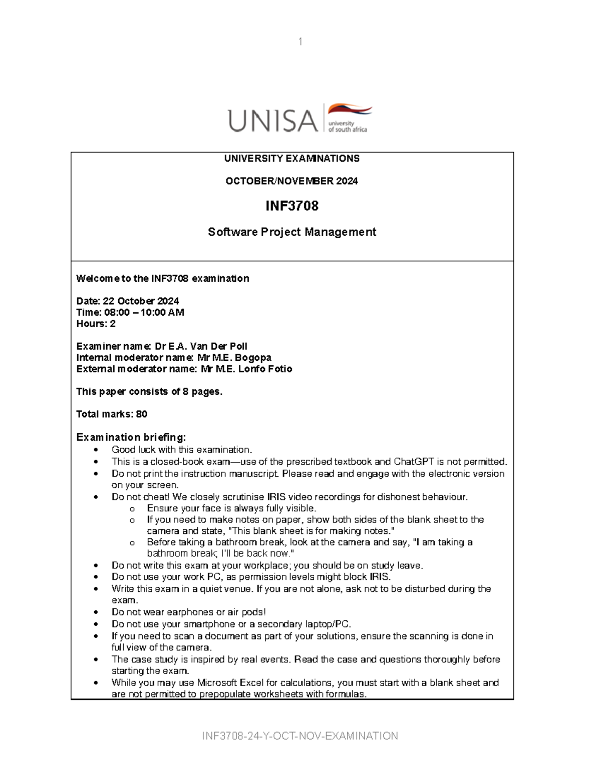 INF3708 October-November 2024 Software Project Management Exam Guide ...