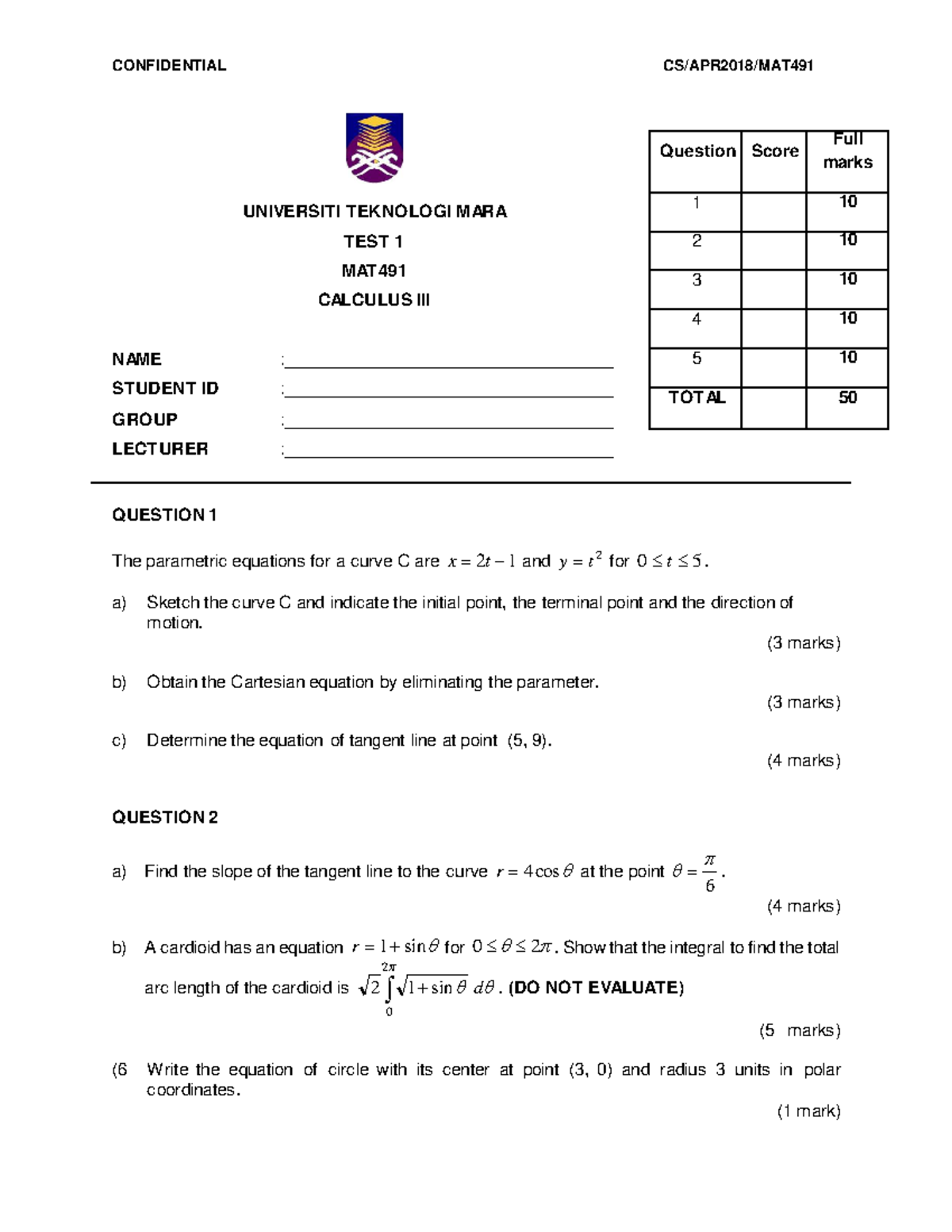 TEST 1 MAT491 Calculus Questions and Solutions - April 2018 - Studocu