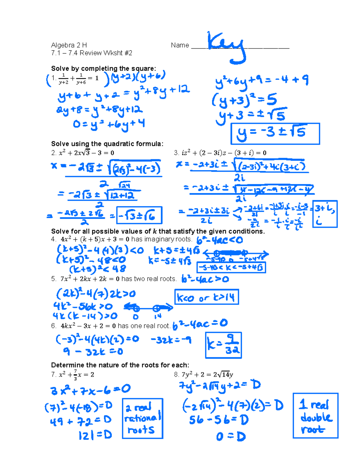 Algebra 2 H 7.1-7.4 Review Worksheet Key - Studocu