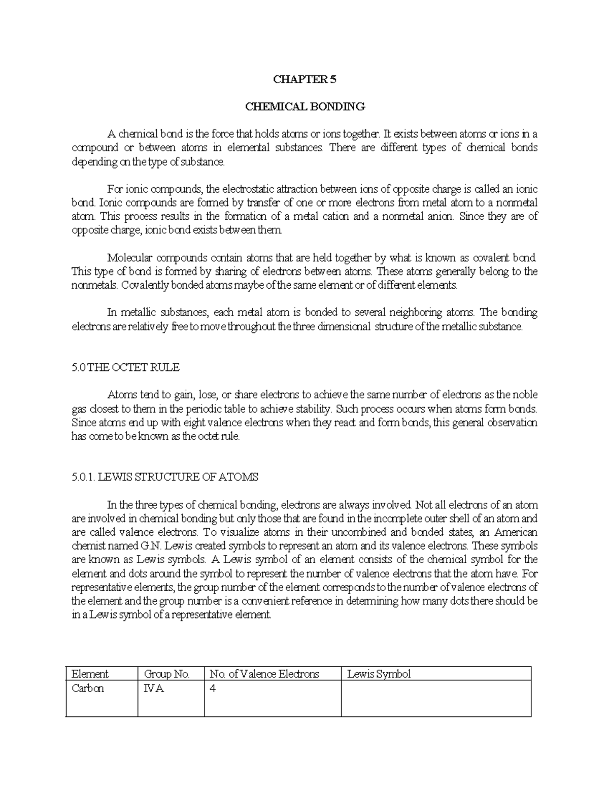 Chemical Bond - CHAPTER 5 CHEMICAL BONDING A chemical bond is the force that holds atoms or ions ...
