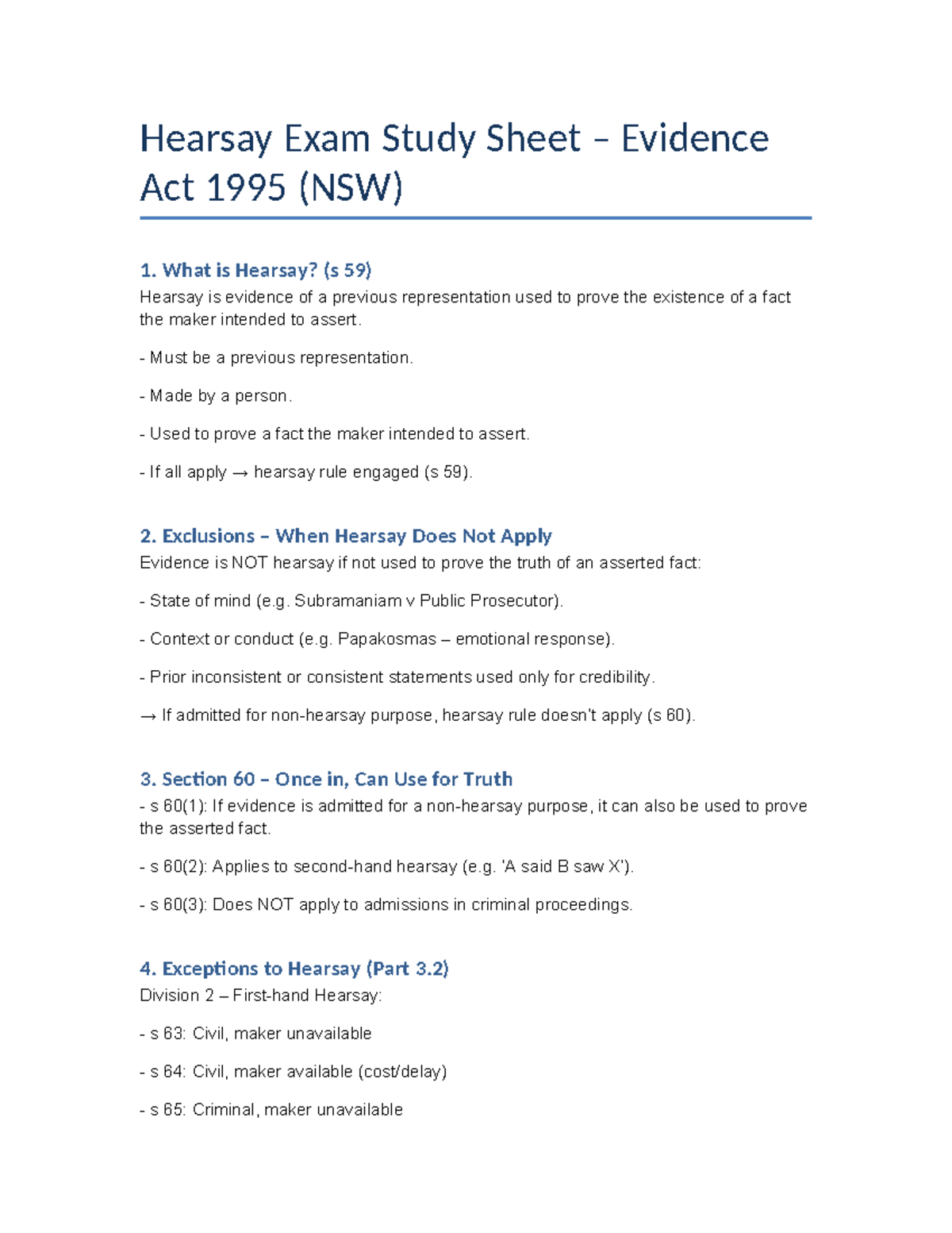 Hearsay Exam Study Sheet - Evidence Act 1995 (NSW) Overview - Studocu