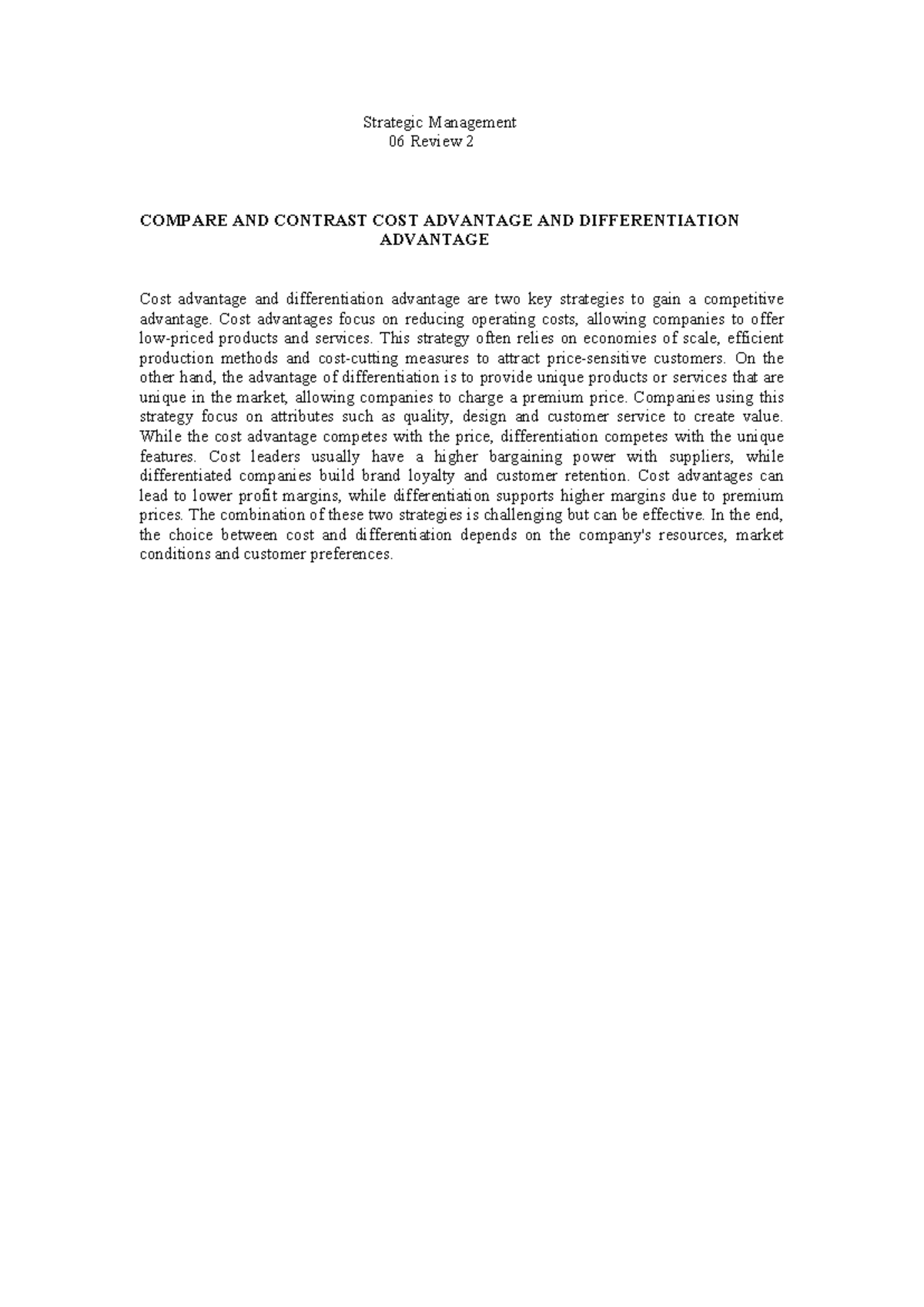 Strategic Management 06: Cost vs. Differentiation Advantage Analysis ...