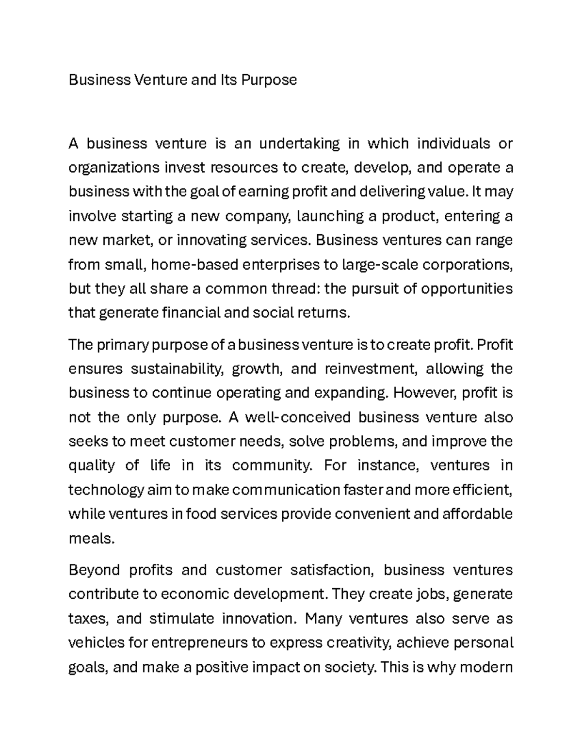 BUS 101: Understanding Business Ventures and Their Purposes - Studocu