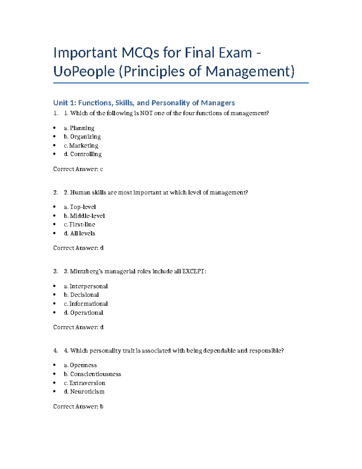 UoPeople Principles of Management Final Exam MCQs Unit 1-3 - Studocu