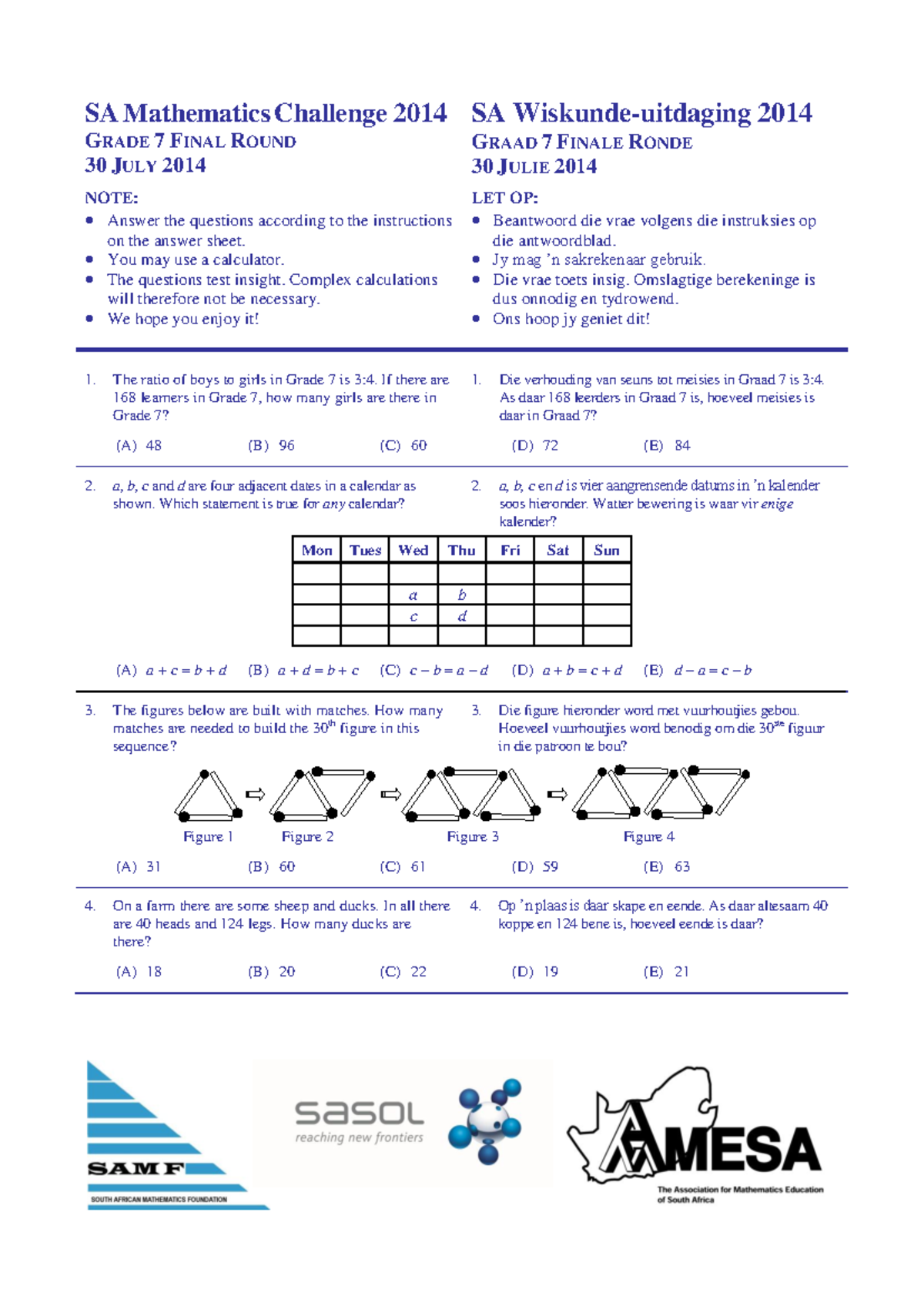 SA Mathematics Challenge 2014: Grade 7 Final Round Questions - Studocu