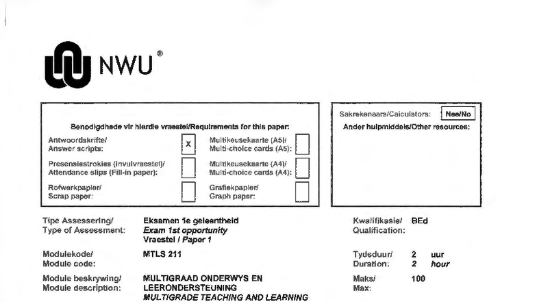 MTLS 211: Exam Paper 1 - Multigrade Teaching & Learning Support - Studocu