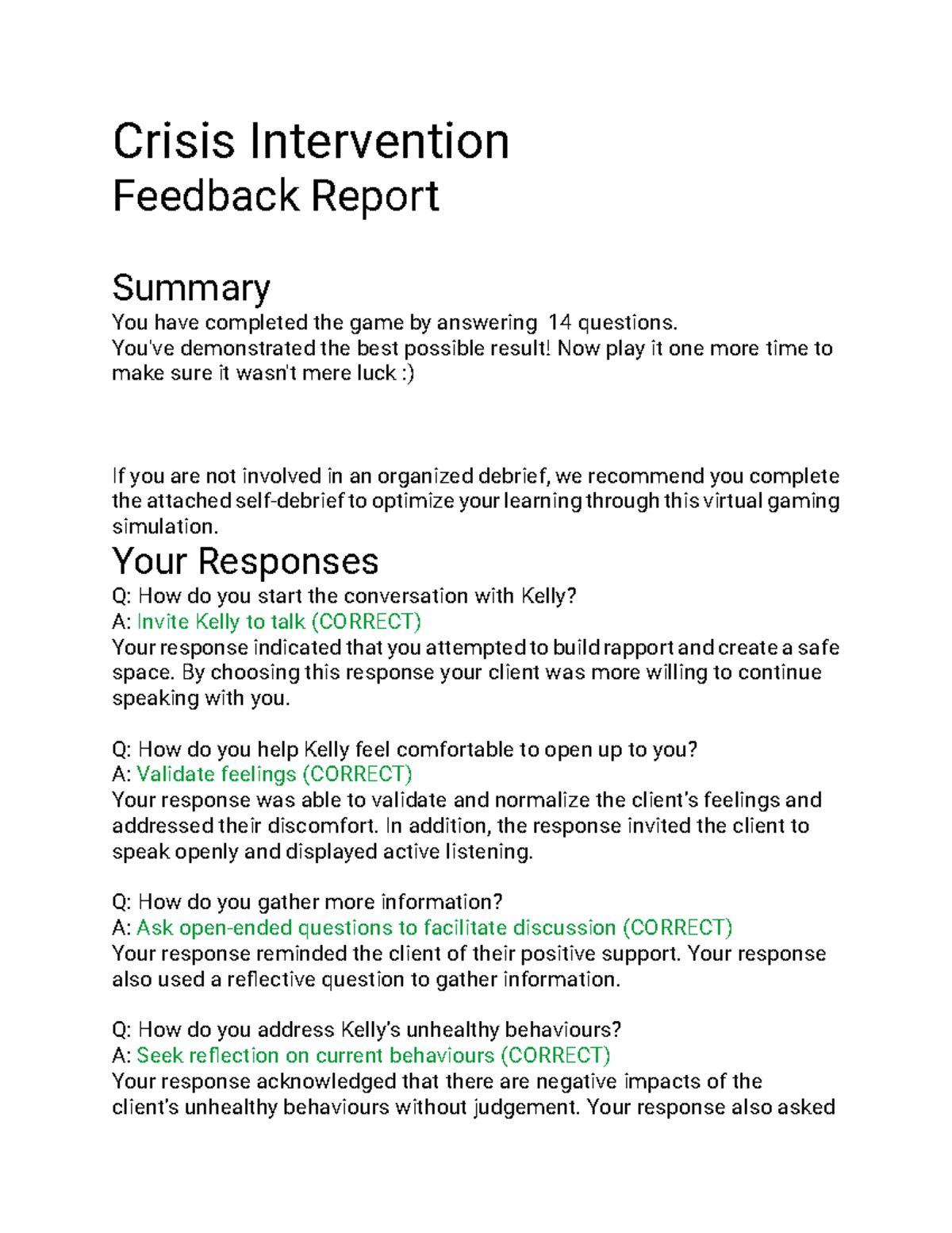 Crisis Intervention Feedback Report 1: Analyzing Responses and Outcomes ...