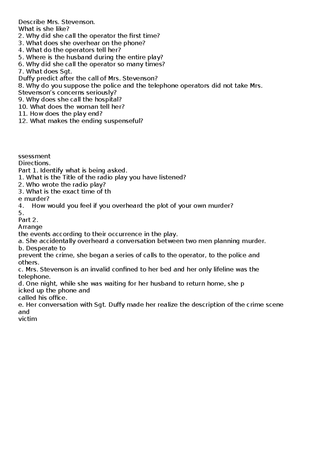 Activity in sorry wrong number grade 9 - Describe Mrs. Stevenson. What ...