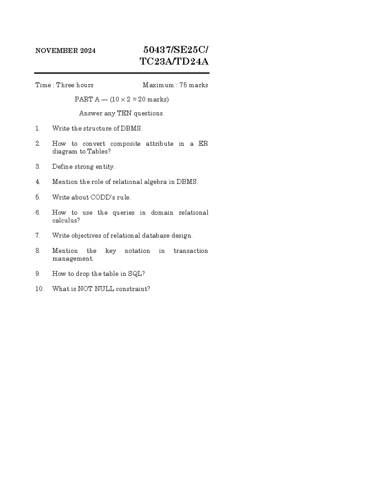 RDBMS Question Paper - November 2024 & April 2025 Exam - Studocu