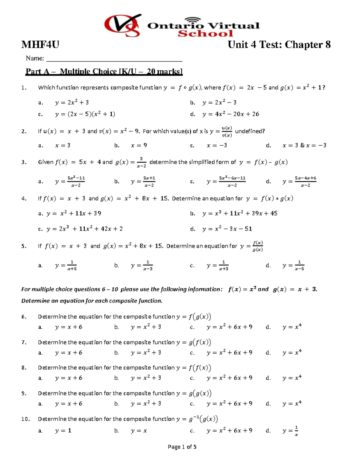 MHF4U Unit 4 Test: Understanding Composite Functions and Applications ...