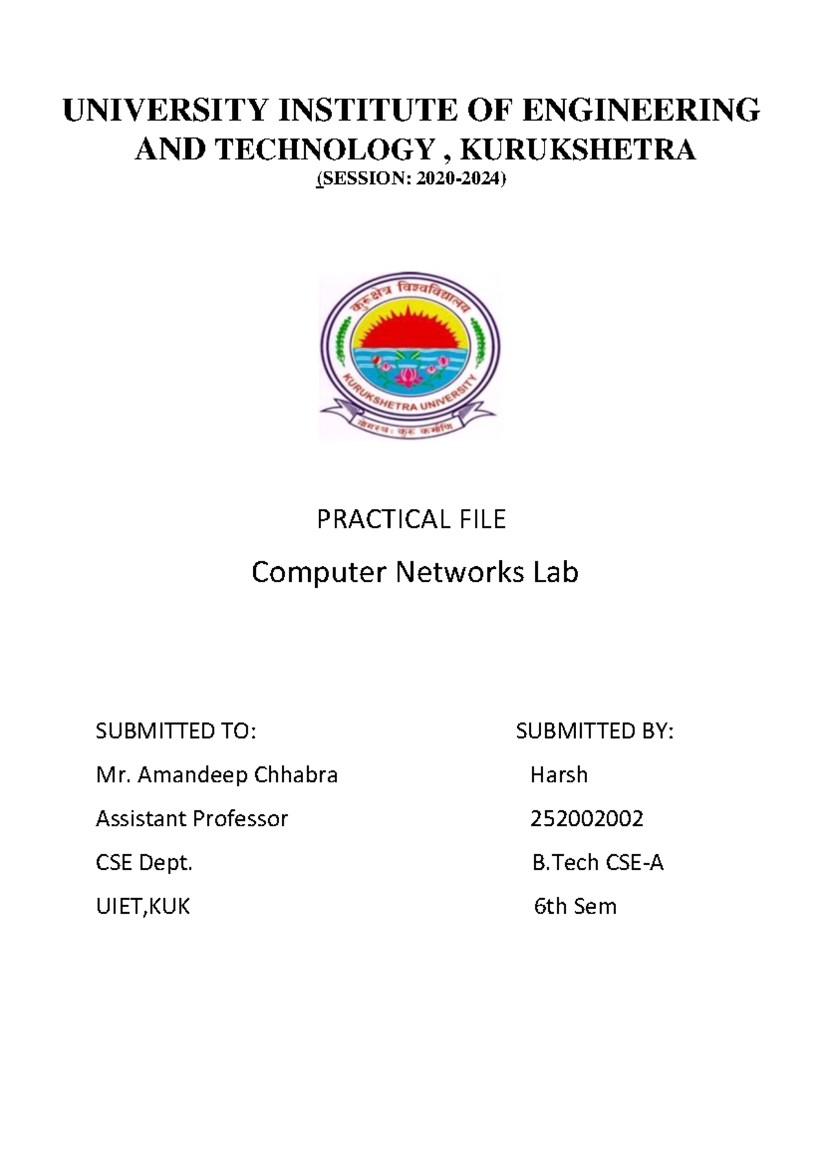 CSE 252002002: Practical File for Computer Networks Lab (6th Sem) - Studocu