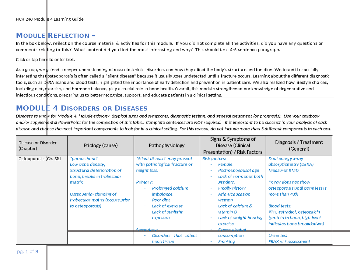 HCR 240 Module 4 Learning Guide: Reflection on Musculoskeletal ...
